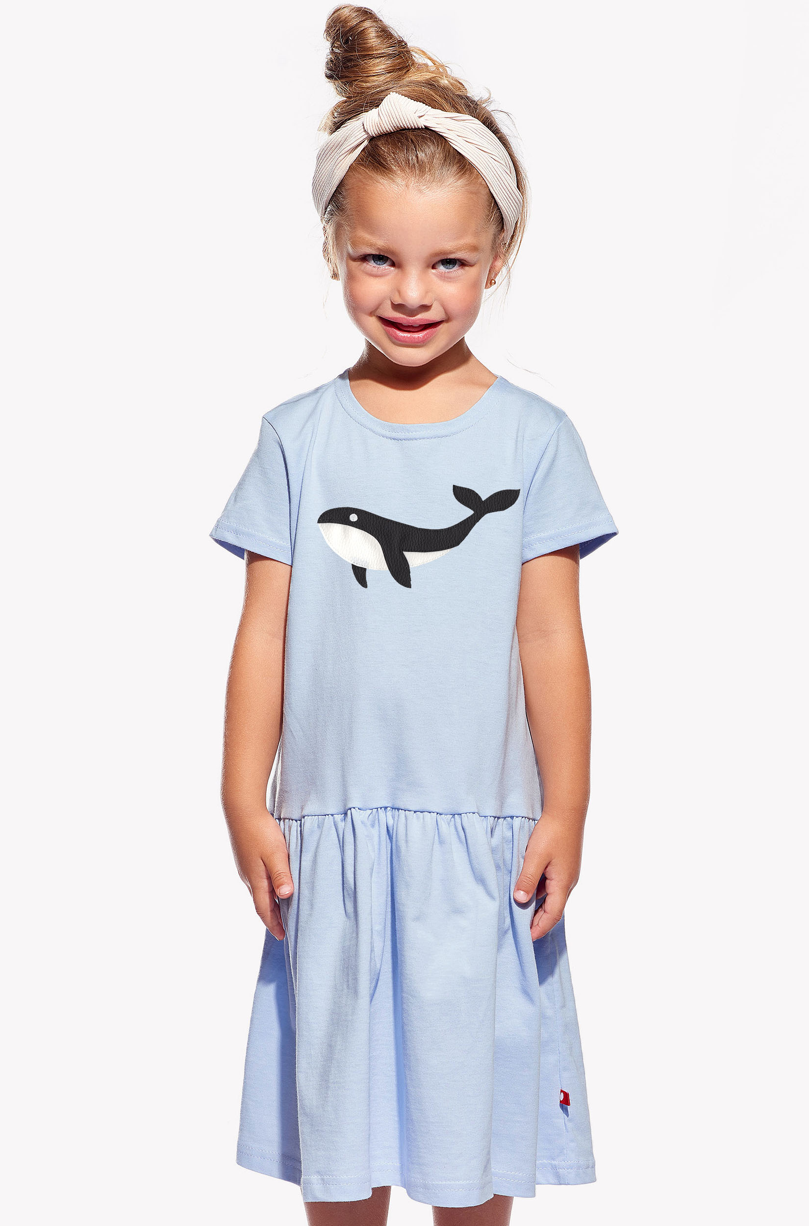 Girl dress short sleeve Light blue Whale Zita, Pískacie